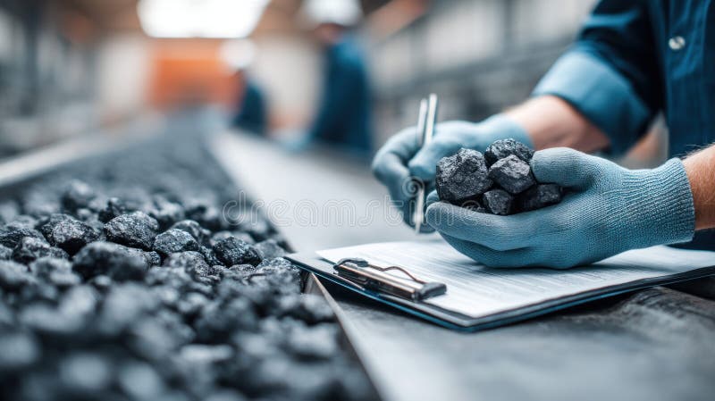 Close-up Shot of a Worker Inspecting and Documenting Coal Quality in a ...