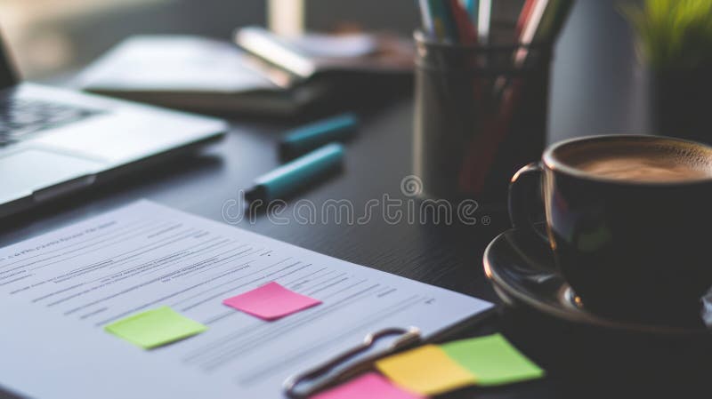 Coffee Break Workspace with Laptop Paperwork and Sticky Notes Stock ...