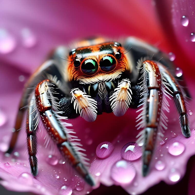 Close Up Shots of the Jumping Spider Resting on the Wet Leaves. Stock ...