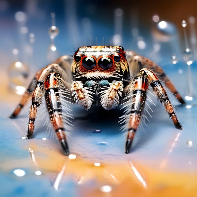 Close Up Shots of the Jumping Spider Resting on the Wet Leaves. Stock ...