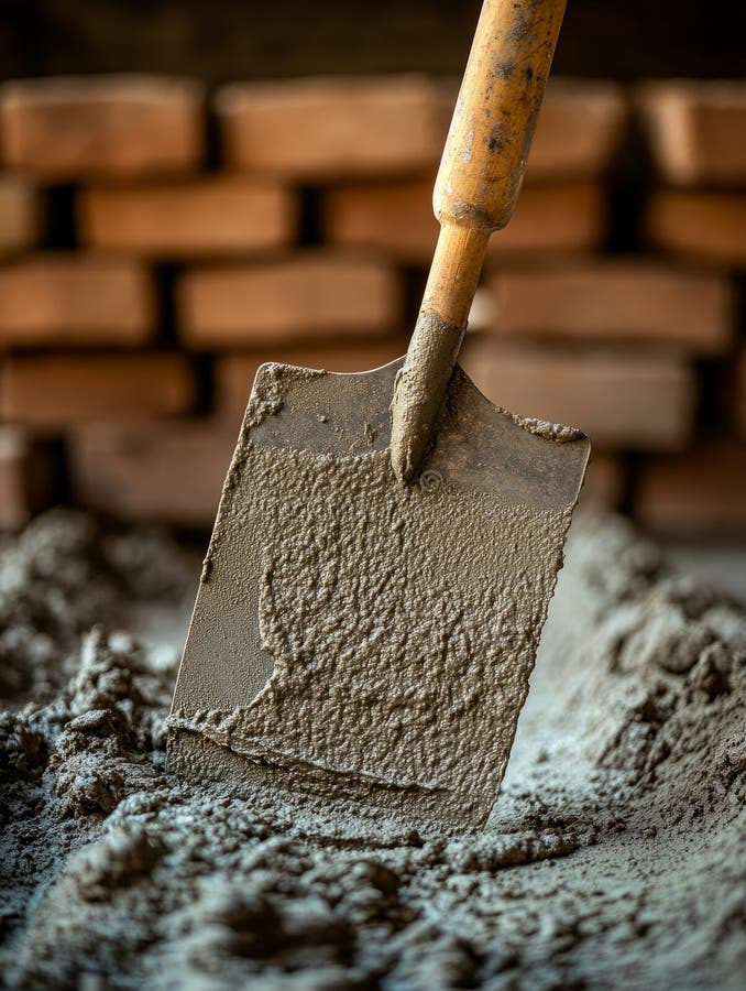Close-up of a Shovel in Wet Cement in Front of a Brick Wall. Stock ...