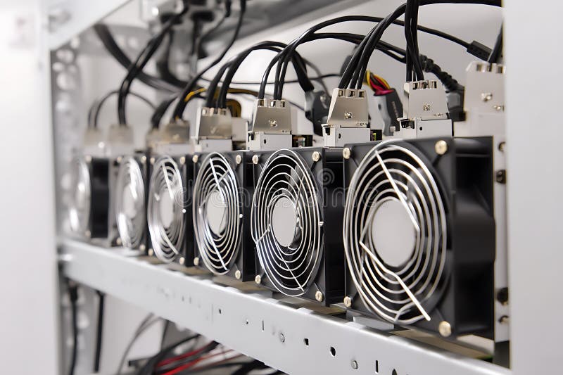 Close Up of a Bitcoin Mining Rig with Multiple Fans and Cables Attached ...