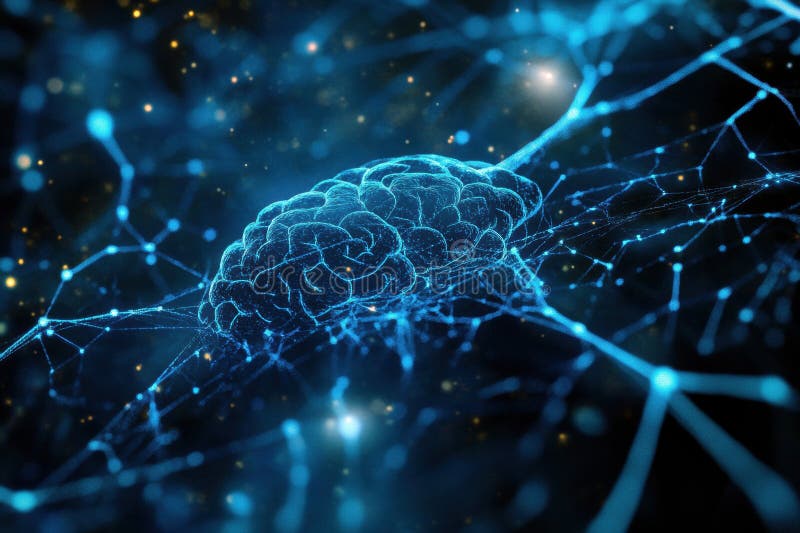 The Close-up Showcases a Brain Illuminated by Vibrant Blue Neural ...