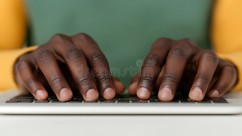 Close Up of Dark Skinned Hands Typing on Modern Laptop Keyboard in ...
