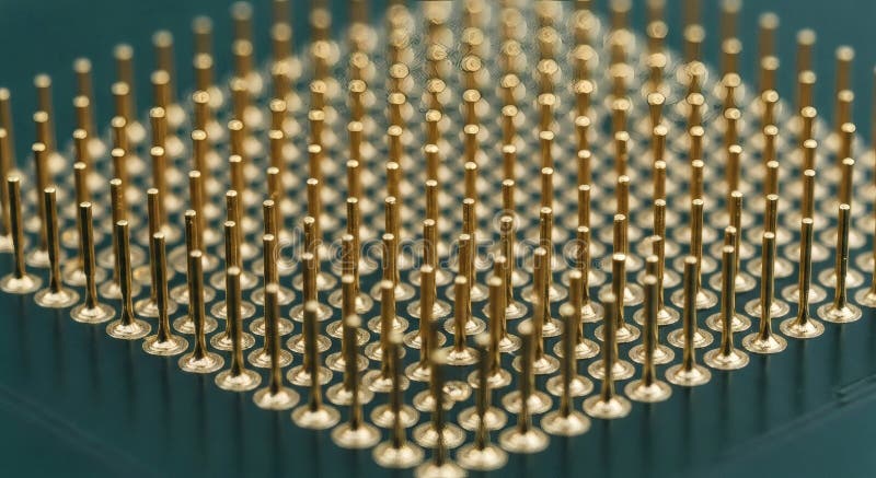 Close-up Showcases a Dense Array of Gold Pins on a Semiconductor ...