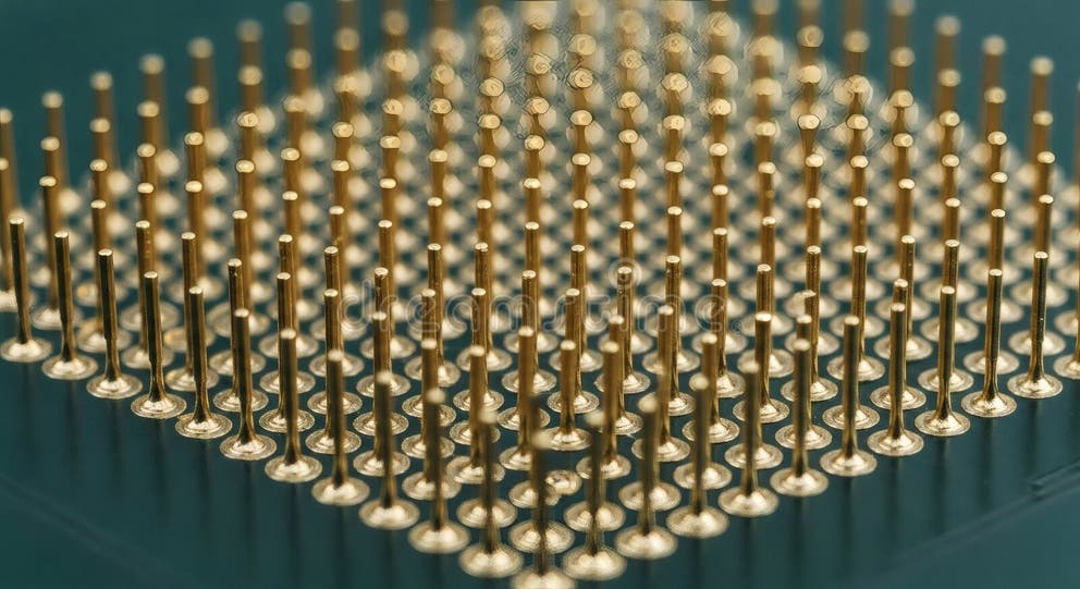 Close-up Showcases a Dense Array of Gold Pins on a Semiconductor ...