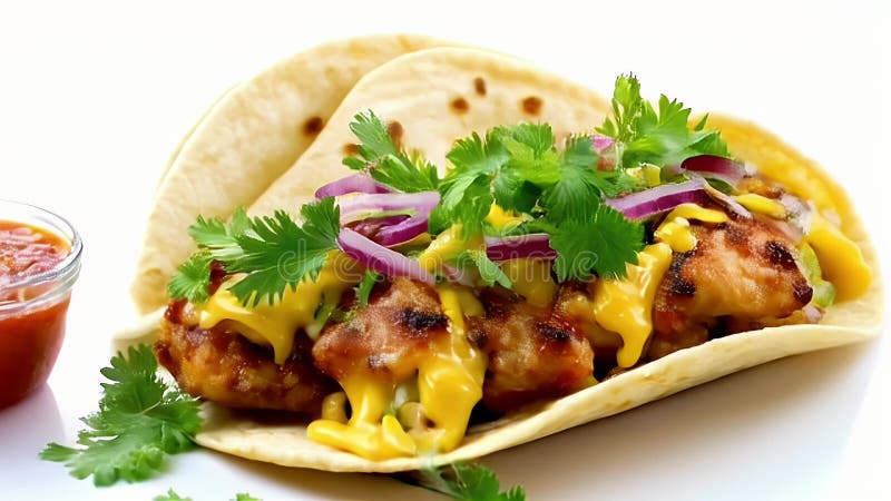 Fresh Chicken Taco with Cilantro and Melted Cheese Accompanied by Red ...