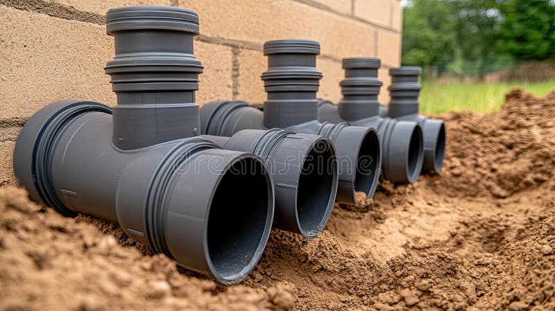 Detailed View of Gray Plastic Pipes Installed for Underground Sprinkler ...