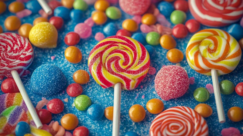 A Close-up Showcases a Vibrant Array of Colorful Lollipops and Candy ...
