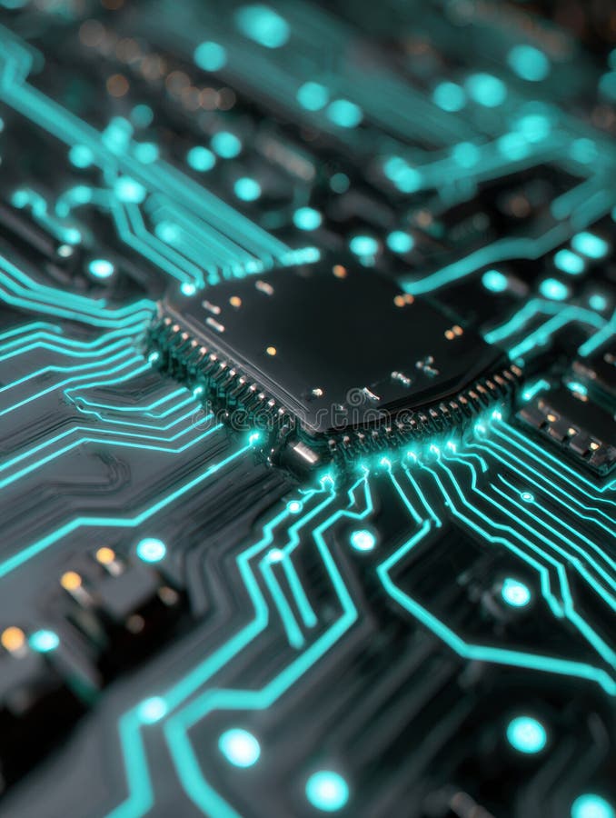 Close-up View of a Computer Circuit Board with Intricate Pathways and a Central Processor ...