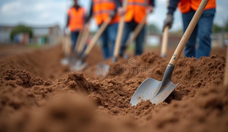 Close-up Shows Construction Workers Using Shovels To Dig a Trench in ...