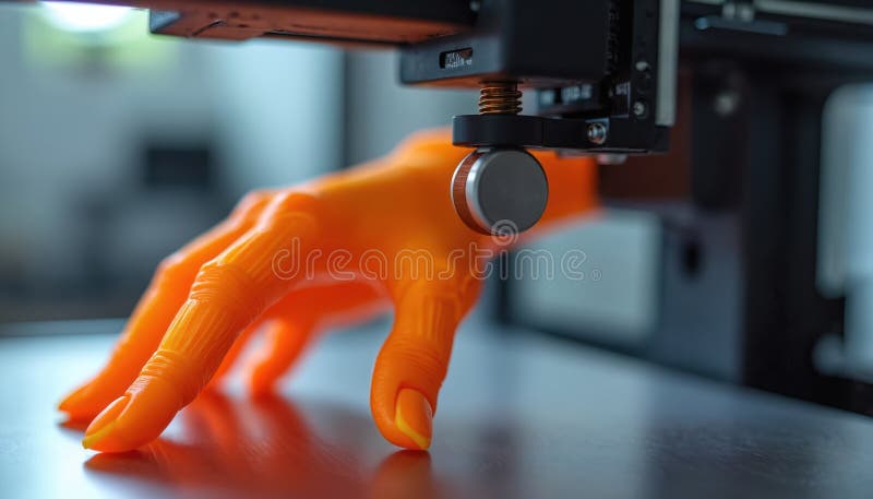 Close-up Shows 3D Printer Creating Orange Plastic Hand. Image ...