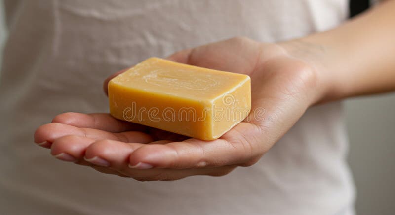 A Close-up Shows a Hand Holding a Rectangular Bar of Soap. the Soap is ...