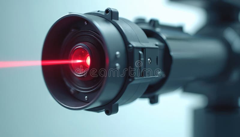 Close-up Shows High-tech Optical Sensor Emits Red Laser Beam. Robotic ...