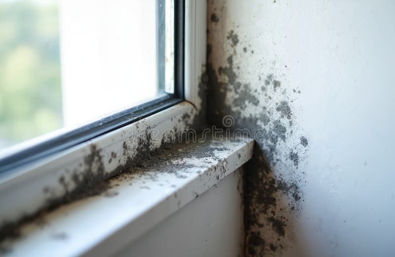 Close-up Shows Mold on Windowsill, Wall Corner. Black Mold Growth on ...