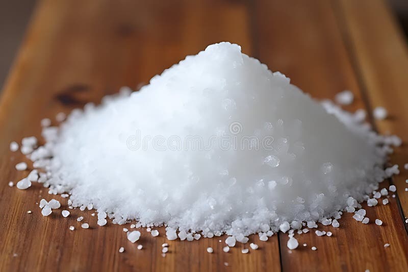 A Close-up Shows a Mound of Coarse, White Salt on a Wood Surface Stock ...