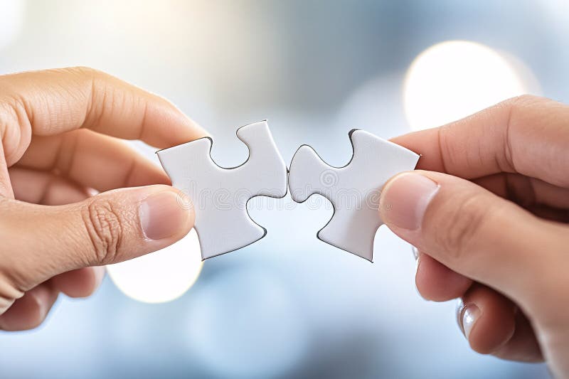 A Close-up Shows a Teams Hands Holding a Puzzle Piece Together ...