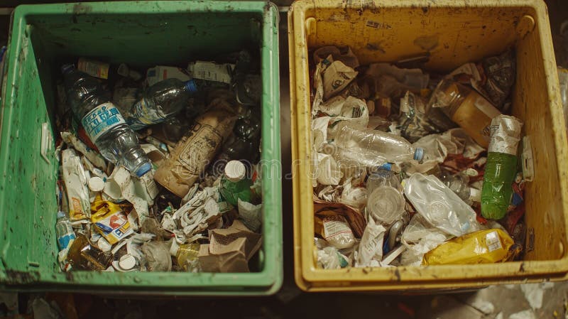 The Close-up Shows Two Mixed-waste Bins Next To a Recycling Bin Stock ...