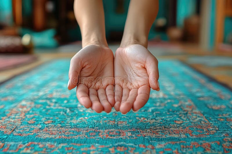 Open Hands Above a Teal Patterned Rug Stock Illustration - Illustration ...