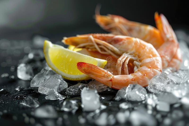 Close Up of Shrimp with Lemon Slice on Ice. Perfect for Seafood Menus ...