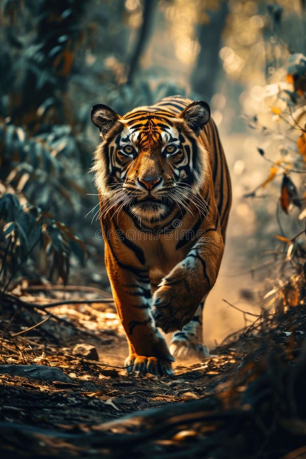 Close Up Siberian Tiger Walking on Road through Dark Forest Stock ...