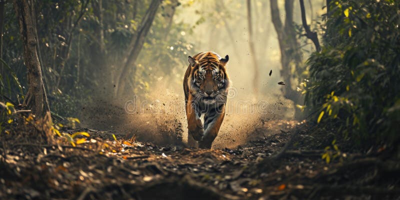 Close Up Siberian Tiger Walking on Road through Dark Forest Stock ...