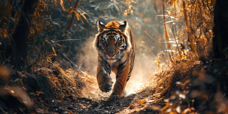 Close Up Siberian Tiger Walking on Road through Dark Forest Stock ...