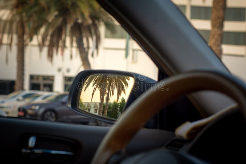 Close-up of Side Mirror Reflection of a Modern Car with Selective Focus ...