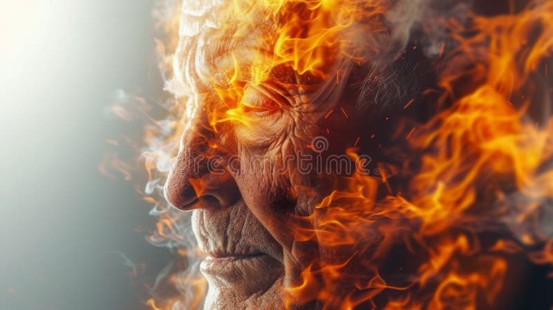 Elderly Man S Face Surrounded by Flames, Side Profile Stock Image ...