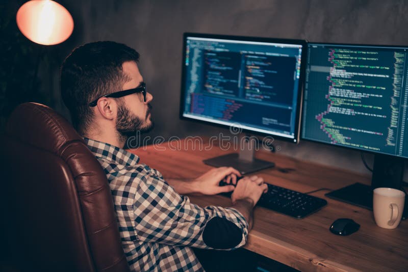 Close Up Side Profile Photo Handsome He Him His Guy Coder Typing Php Css Keyboard Development