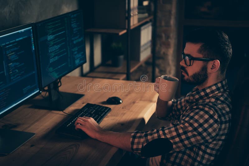 Close Up Side Profile Photo Handsome Mug Hot Beverage He Him His Guy Coder Typing Php Css