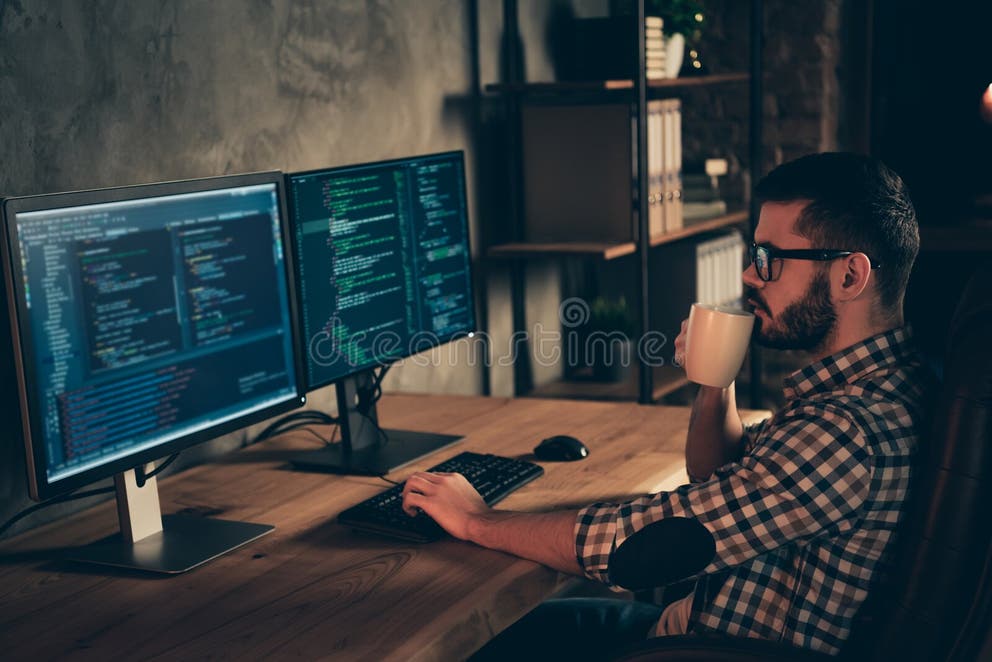 Close Up Side Profile Photo Handsome Mug Hot Beverage he Him His Guy Coder Typing Php Css ...