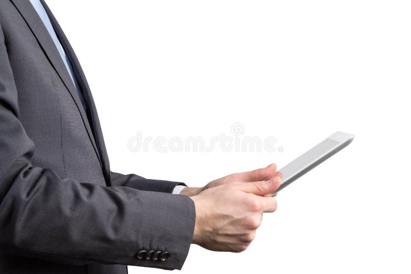 Close-up of Side View of a Businessman Who is Browsing on His Tablet ...