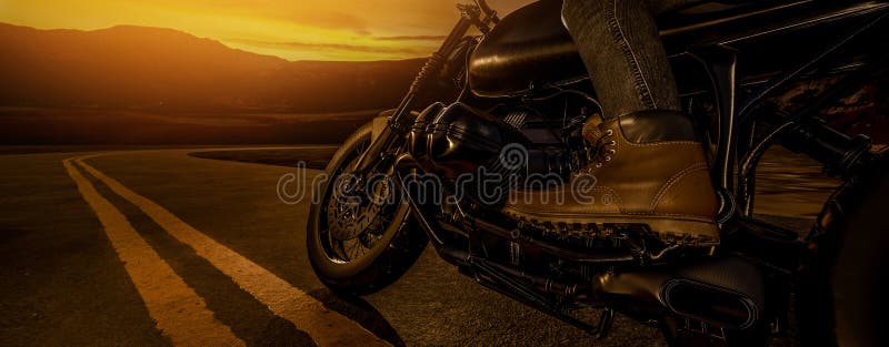 A Close-up Side View of a Classic Motorcyclist on the Road Stock ...