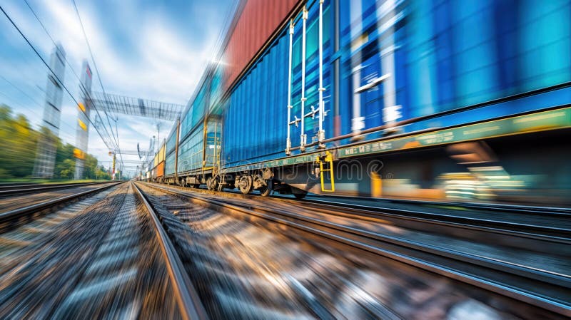 A Close-up Side View of a Fast-moving Cargo Train on Railway Tracks ...