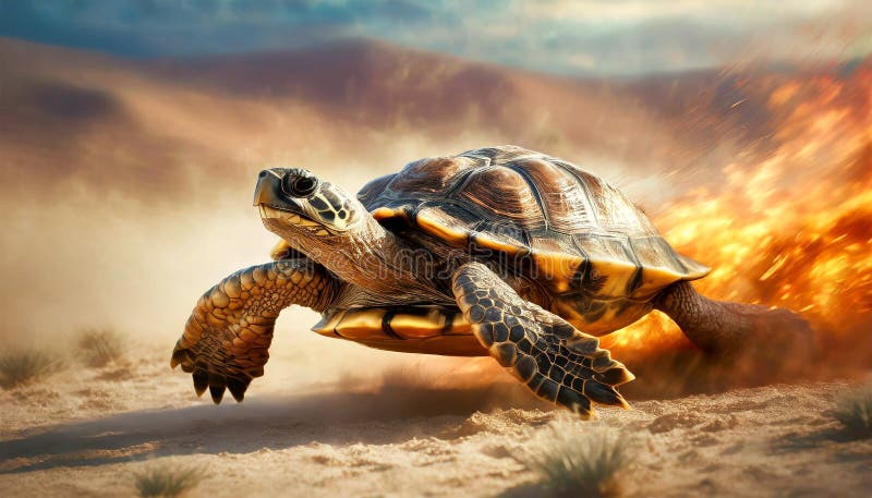 Fast Turtle Running at Full Speed in the Desert with Flames- Generative ...