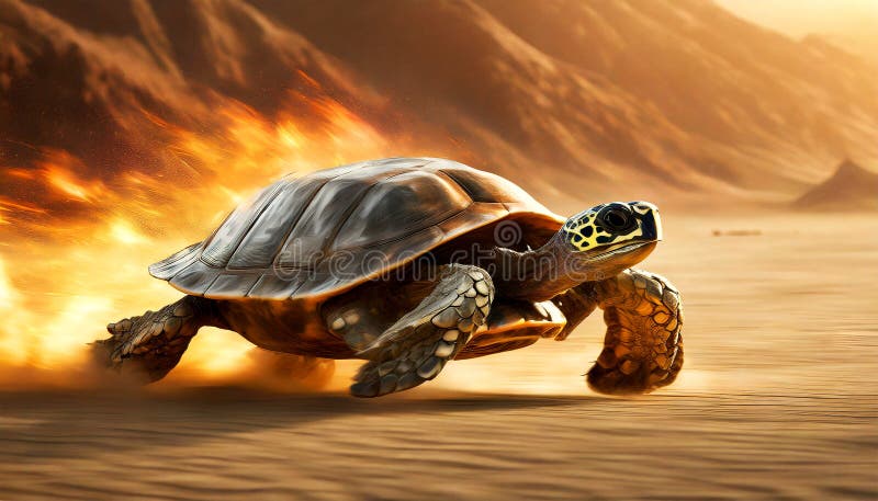 Fast Turtle Running at Full Speed in the Desert with Flames ...