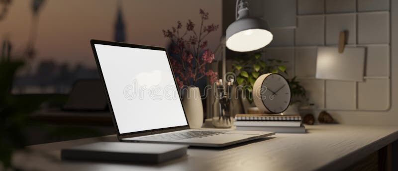 Close-up Side View Image of Modern Workspace at Night with Laptop ...