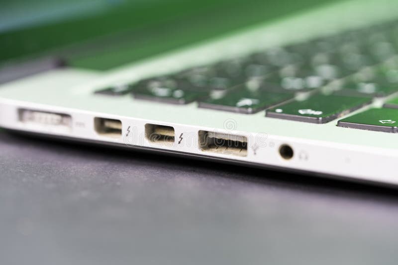 Close Up Side View of Laptop Computer. Old and Dirty USB Port Stock ...