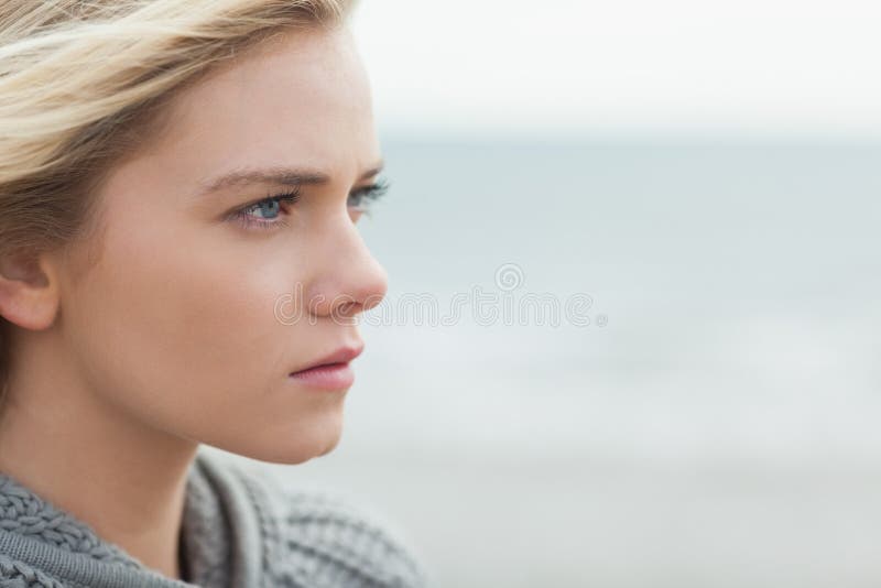 Close Up Side View of Serious Cute Woman on Beach Stock Image - Image ...