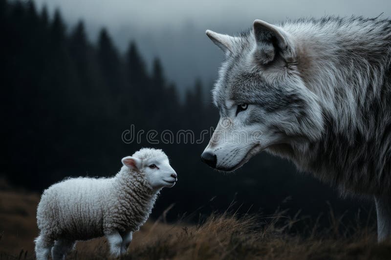 Close Up of Side View the Wolf and the Lamb Look at Each Other Stock ...