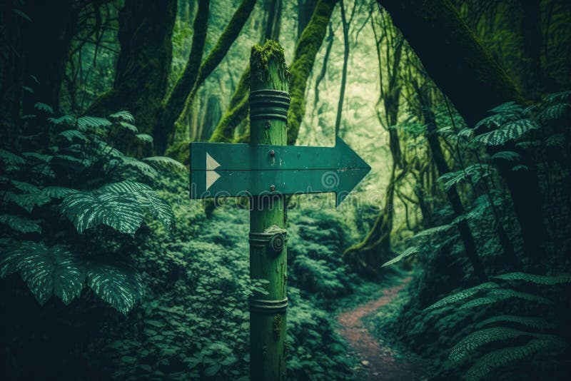 Close-up of Sign Post with Arrow Pointing the Way in a Lush Forest ...