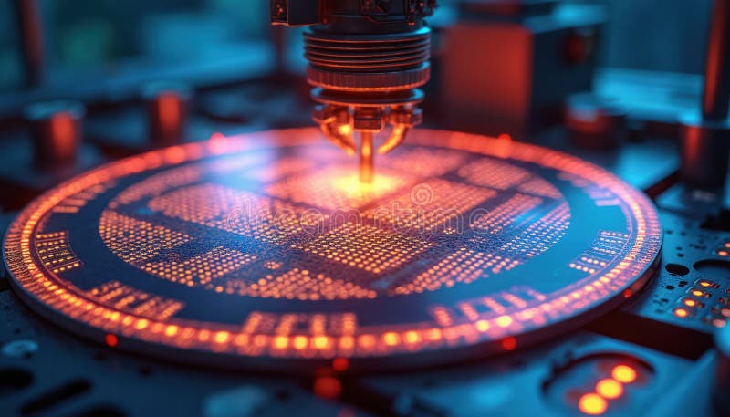 Close-up of Silicon Wafer during Semiconductor Manufacturing. Intricate ...