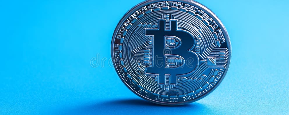 Close-up of Silver Bitcoin on Blue, Cryptocurrency, Digital Currency ...