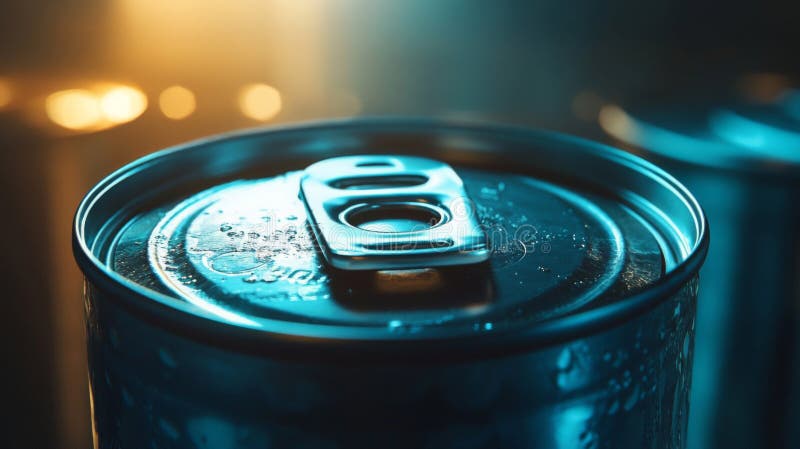 Close Up of a Silver and Blue Beverage Can with Condensation Droplets ...