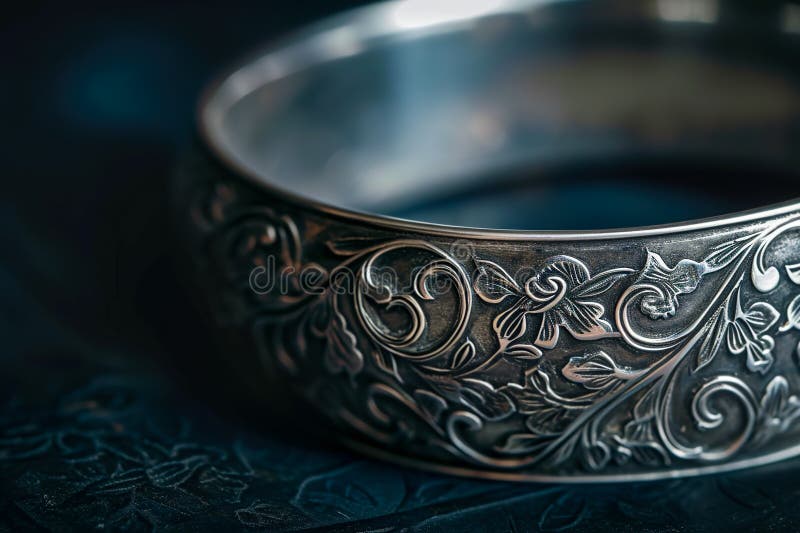 Close-up of a Silver Bracelet, with a Pattern Etched into the Metal ...