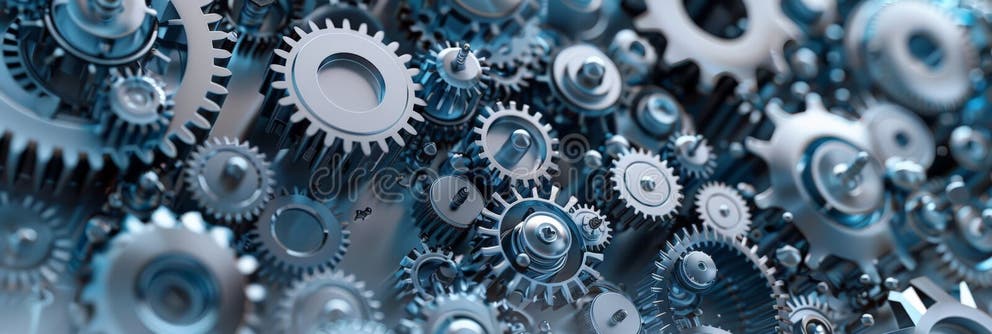 Close-up of Silver Gears and Cogwheels Interlocking, Representing Precision and Industrial ...