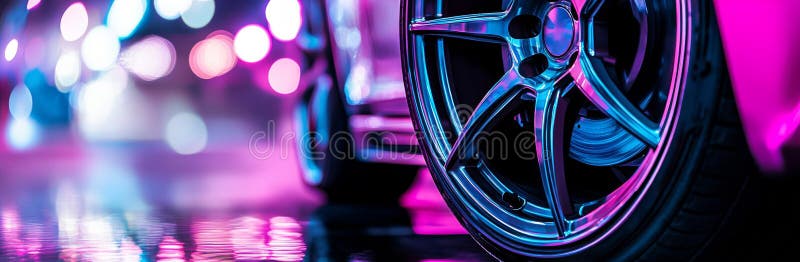 Close-up of a Silver Luxury Car Wheel with Neon Lights Stock Photo ...