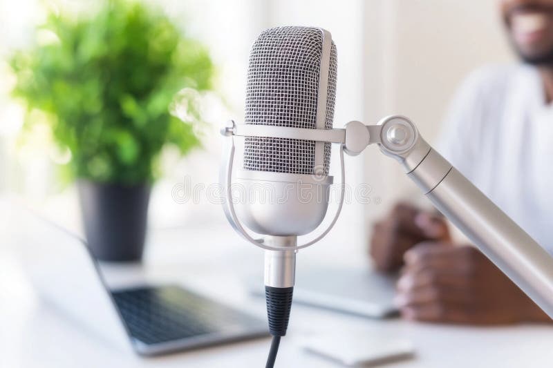 Close-Up of Silver Microphone on Desk with Laptop and Plant in ...