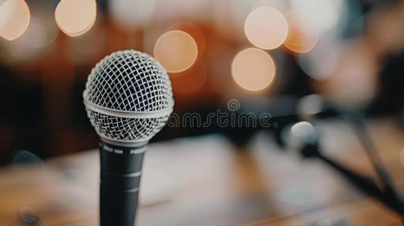 Close-Up of a Silver Microphone on a Wooden Table with Blurred ...